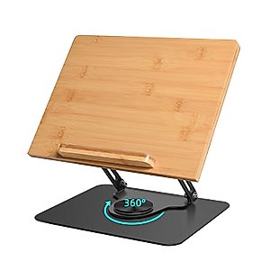 wishacc Adjustable Laptop Stand with 360 Rotating Base, Computer Stand for Laptop Ergonimic Foldable Laptop Riser for Desk Compatible with MacBook Pro/Air up to 16", Bamboo Wood(11.0 x 8.1 inches)