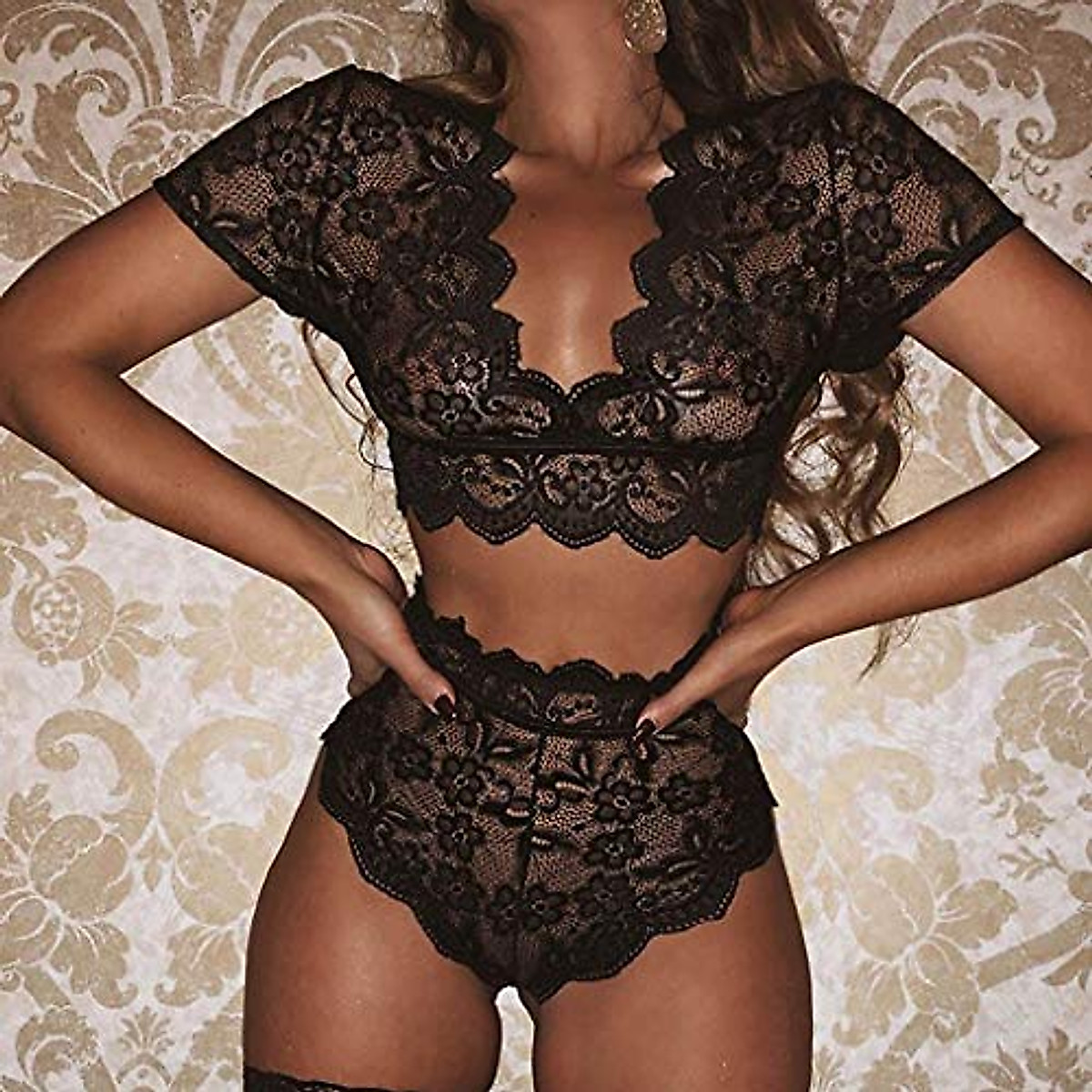 Sexy Lingerie, Outfits Fishnet Lingerie for Women Lengerie Sets Lace Underwear V-Neck Bra Thong Short Sleeve Top Lingerie Set S-3Xl Soft Bralette Stockings Cheap Mini Dress Snap (S, Black)