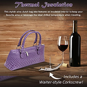 Primeware Wine Clutch Bag (Thermal Insulated) Trendy Women’s Carry Tote | Holds Red & White 750mL Bottles | Trendy Fashion | Incl. Portable Waiter-Style Corkscrew (Purple Burmese)