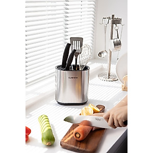 Knife Block and Utensil Holder for Kitchen Counter Storage Organization, Stainless-Steel Holder with Built-In Water Drip Tray