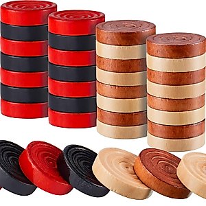 48 Pieces Wooden Checkers 1.06 Inch Wooden Checkers Pieces with Stackable Ridge in Drawstring Storage Pouch Red Black Dark Brown Wood Color (Red, Black, Dark Brown, Natural Color)