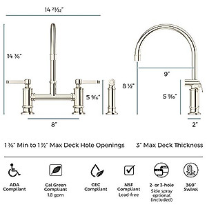 Pfister LG31-TDD Port Haven Kitchen Bridge Faucet with Side Sprayer, Polished Nickel