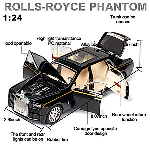 EROCK Exquisite car model 1/24 Rolls-Royce Phantom Model Car,Zinc Alloy Pull Back Toy car with Sound and Light for Kids Boy Girl Gift. (Black)