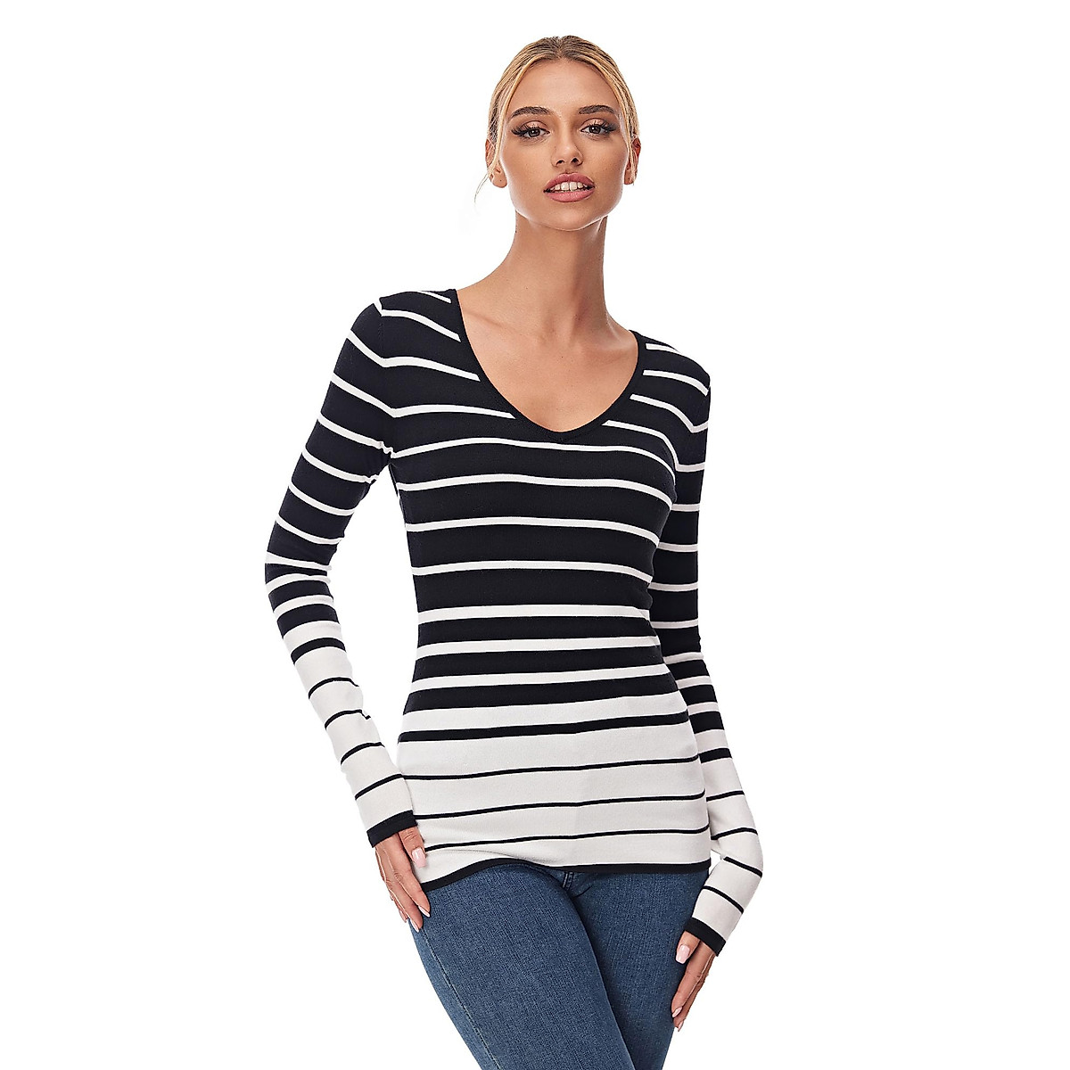 AmélieBoutik Women Striped V Neck Bow Open Back Long Sleeve Sweater (Black and Ivory X-Large)