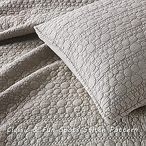 Quilt Set King Size Beige, Classic Geometric Spots Stitched Pattern, Stone-Washed Microfiber Chic Rustic Look, Ultra Soft Lightweight Quilted Bedspread for All Season, 3 Pieces
