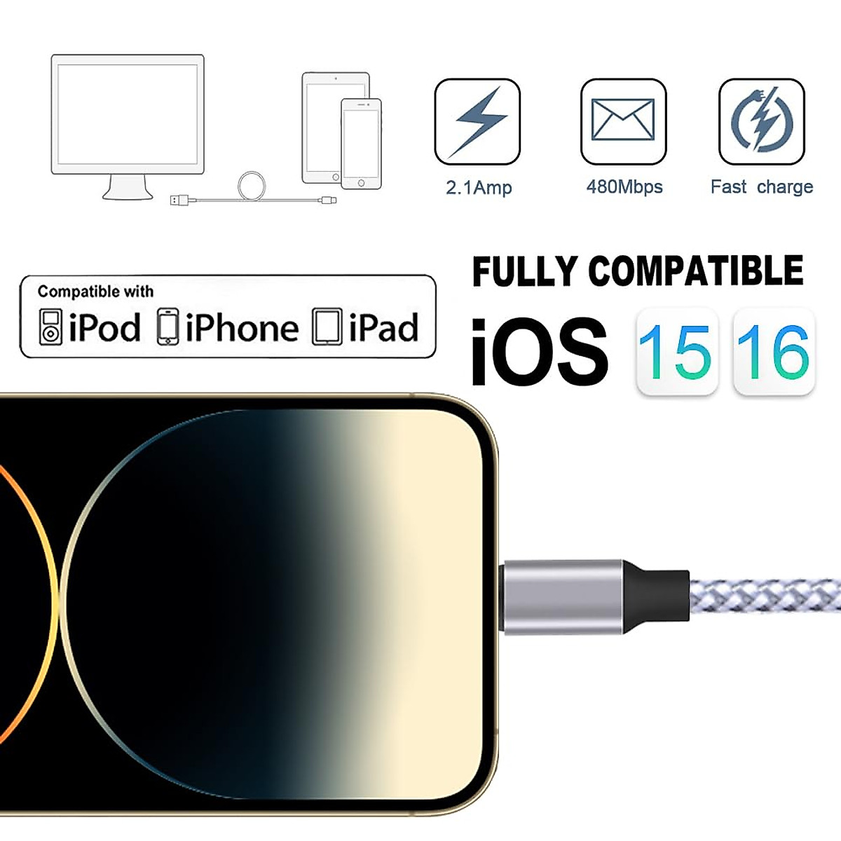 TAKAGI [MFi Certified] iPhone Charger, Lightning Cable 3PACK 6FT Nylon Braided USB Charging Cable High Speed Transfer Cord Compatible with iPhone 14/13/12/11 Pro Max/XS MAX/XR/XS/X/8/iPad