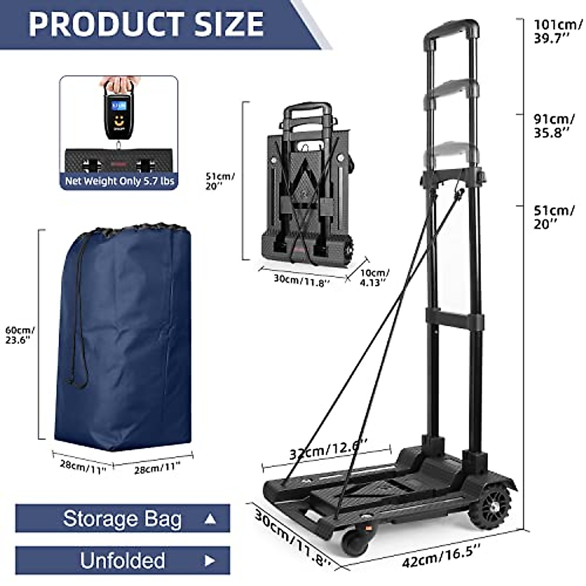 SELORSS 2-in-1 Foldable Utility Cart, Portable Grocery Shopping Cart with Wheels, Telescoping Handle and Removable Waterproof Bag, Collapsible Lightweight Large Capacity Hand Truck for Supermarket