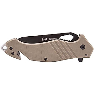 LA Police Gear Rescue EDC Folding Knife, Tactical Flipper Pocket Knife, Survival Knife With Seatbelt Cutter & Glass Breaker - Black Serrated Drop Point Blade/Tan Handle