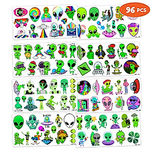 96PCS Cute Alien Temporary Tattoos Themed Birthday Party Decorations Supplies Favors Decor Funny Outer Space Galaxy Stickers Tattoo Gifts for Girls Boys School Prizes Carnival Halloween Christmas