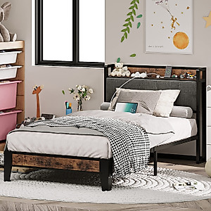 LIKIMIO Twin Bed Frames, Storage Headboard with Charging Station, Solid and Stable, Noise Free, No Box Spring Needed, Easy Assembly