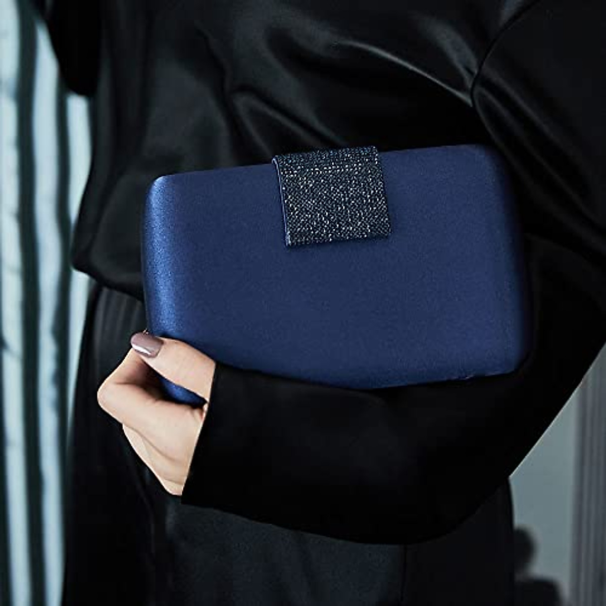 Ava&Lina Navy Blue Rhinestone Clutch Purses for Women Evening Samll Wedding Clutch Satin