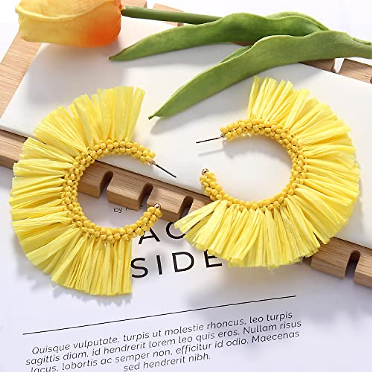 Raffia Hoop Drop Earrings for Women - Geometric C Shape Colorful Handmade Earrings, Bohemian Dangle Earrings(ER1200-Yellow)