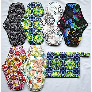 7pcs Set 1pc Mini Wet Bag +6pcs 10 Inch Regular Charcoal Bamboo Mama Cloth/Menstrual Pads/Reusable Sanitary Pads(Peacock)