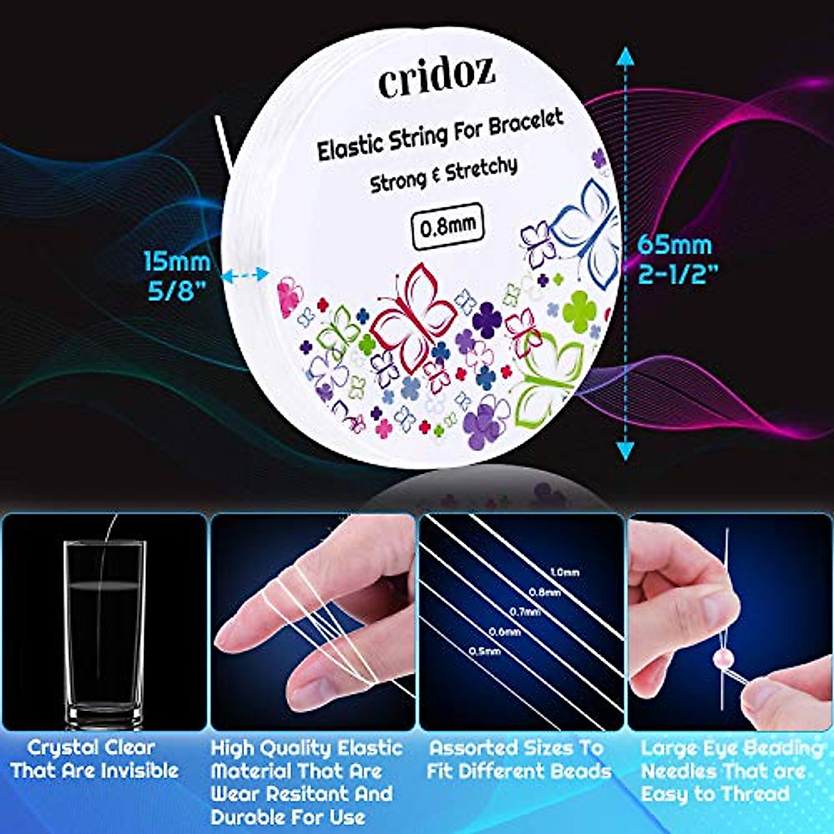 Stretchy String for Bracelets, Cridoz 5 Rolls Clear Elastic String Stretch Cord Jewelry Bead Bracelet String with 2 Pcs Beading Needles for Seed Beads, Pony Beads, Bracelets and Jewelry Making (Assort