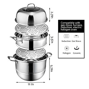 WUWEOT 11" Steamer Pot, 3 Tier Stainless Steel Steaming Pot Dim Sum Cookware, Food Vegetable Cooking Pan With Stackable Pan Insert/Lid for Vegetable, Dumpling, Stock, Sauce, Food