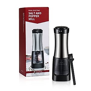 Pepper Grinder, 2 in 1 Salt Mill Grinder Battery-Operated with Adjustable Coarseness, Kitchen Automatic Pepper, Double Slot, One Hand Operated