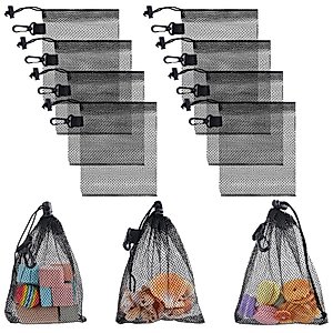 8 Pcs Drawstring Mesh Bags Black Nylon Mesh Laundry Bag with Clips Portable Storage Bags for Collecting Golf Balls Toys Small Things (6 x 8 inch)