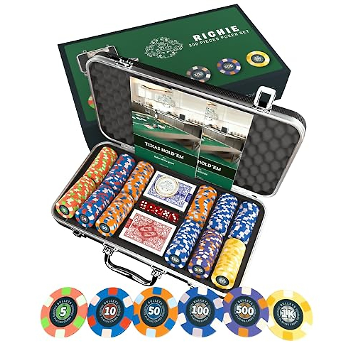 Bullets Playing Cards Poker Sets with Case - Versatile Denominations for Poker, Blackjack, & Casino Games - Durable & Complete Set - Poker Case with 300 Ceramic Poker Chips 'Richie' with Values