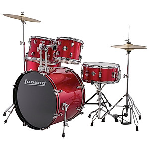 Ludwig LC19514 Accent Drive Complete Drum Set Package with Cymbals, Hardware, Drum Throne, Chain-drive Pedal and Drumsticks, Red Sparkle