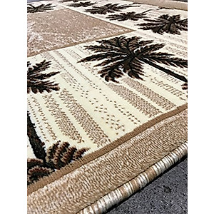 Palm Tree Modern Area Rug Tropical Beige & Green Design 729 (5 Feet X 7 Feet)