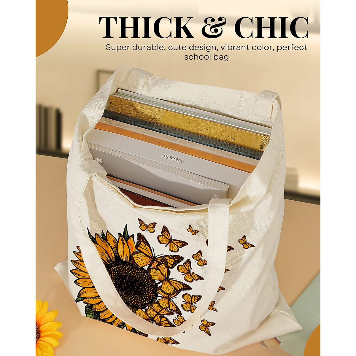 AUSVKAI Canvas Tote Bag Aesthetic for Women, Cute Trendy Sunflower Butterflies Reusable Cloth Cotton Bags with Handle for Grocery School Shopping Beach