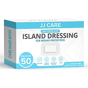 JJ CARE Waterproof Adhesive Island Dressing [Pack of 50], 2" x 3.75" Sterile Island Wound Dressing, Breathable Bordered Gauze Dressing, Individually Wrapped Latex Free Bandages, Non-Stick Central Pad