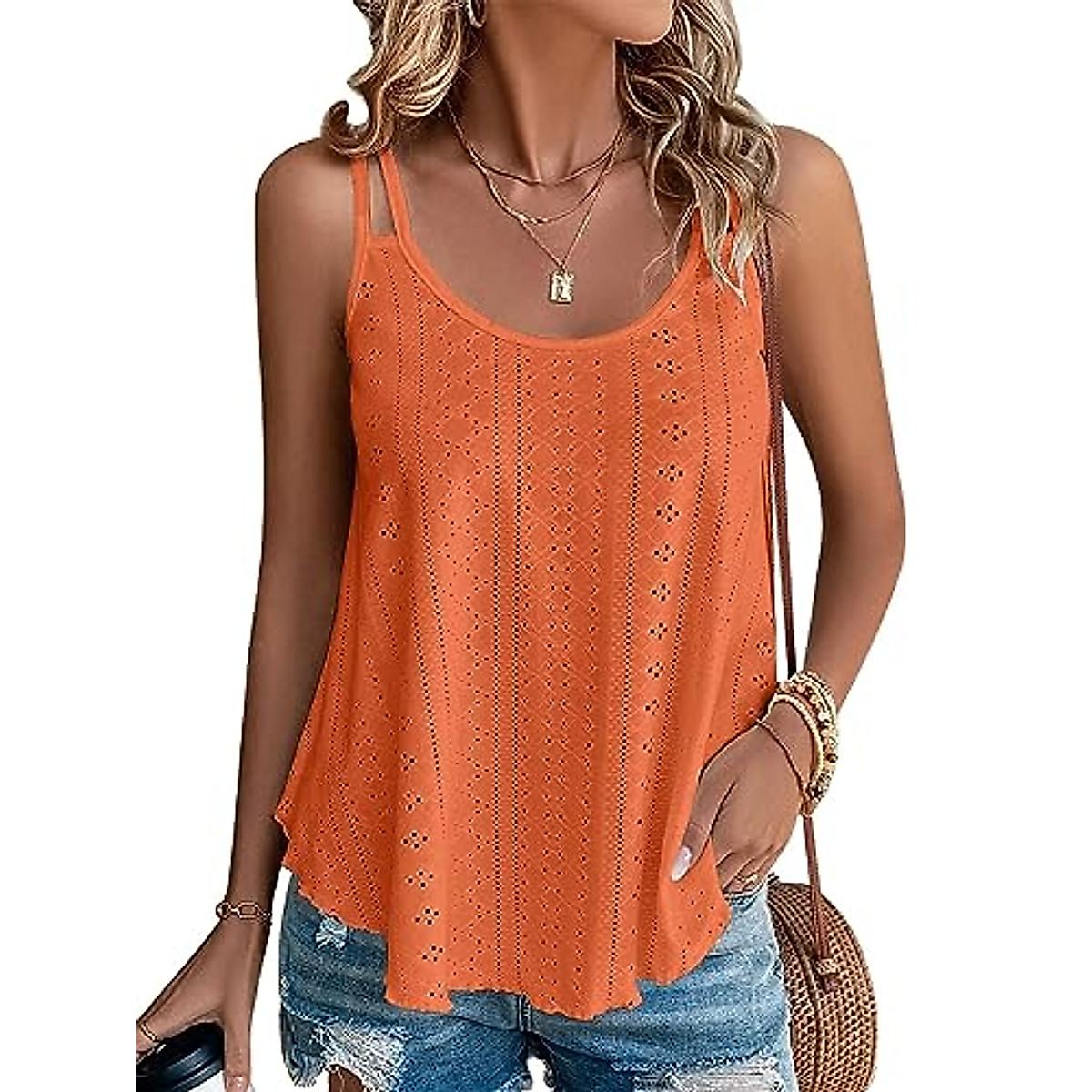 KKJ Womens Fashion Tank Tops Eyelet Embroidery Sleeveless Camisole Scoop Neck Loose Casual 2024 Summer Clothes Flowy Shirts Orange