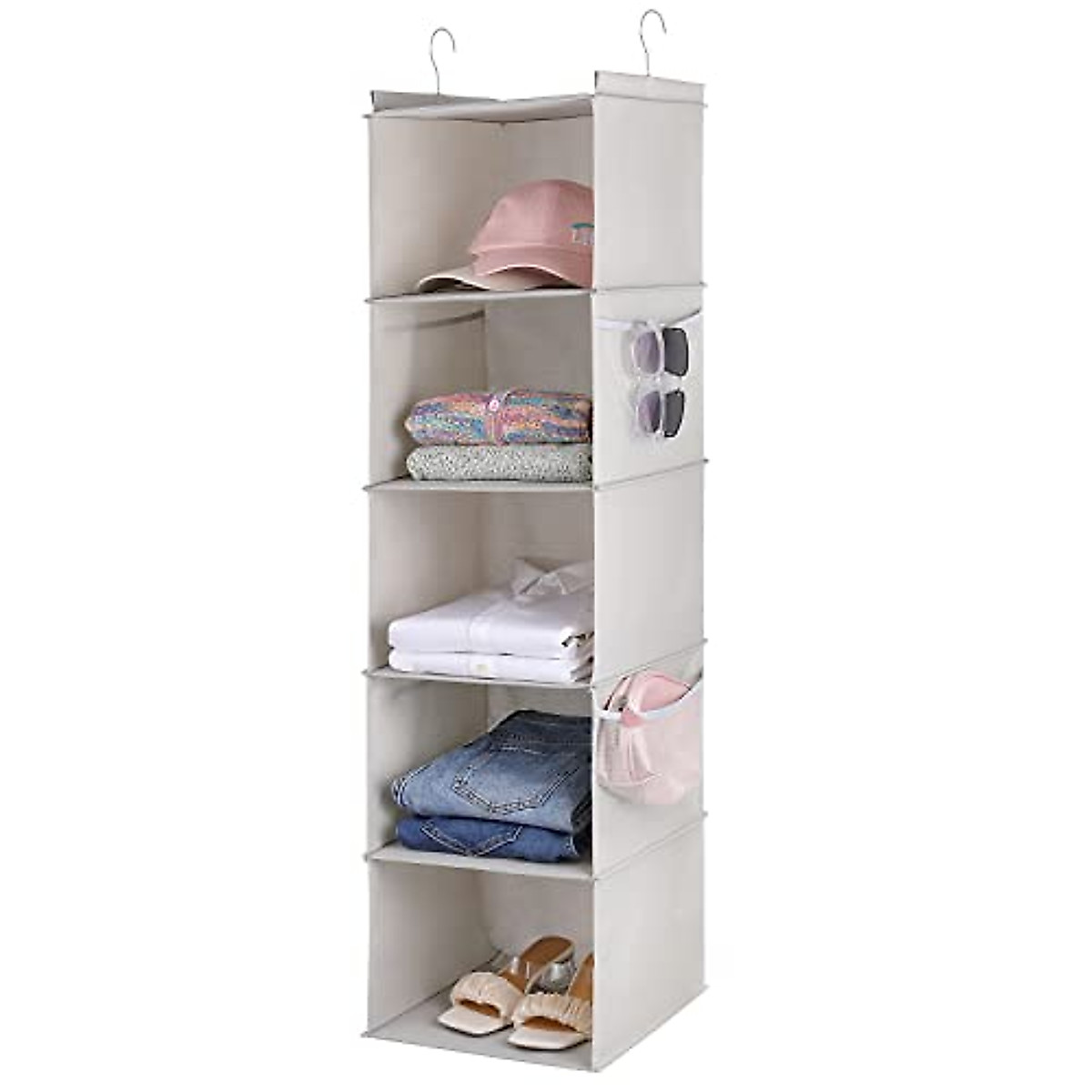 Vailando Hanging Closet Organizer 5-Shelf, Hanging Shelves for Closet with 4 Side Pockets, Linen, 11.8''W x 11.8''D x 47.2''H, Grey