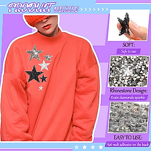 Geosar 60 Pcs Iron on Star Patches Star Shape Rhinestone Appliques Adhesive Glitter Star Patches Rhinestone Appliques Embellishments Patches for DIY (Black, Gray,Mixed Size)