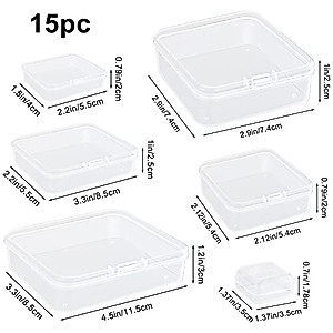 15Pcs Small Clear Plastic Storage Containers with Lids, Empty Mini Plastic Rectangular Storage Box, Beads Storage Box with Hinged Lid for Craft Projects, Jewelry, Tools, Hardware, Small Items, Mix Siz