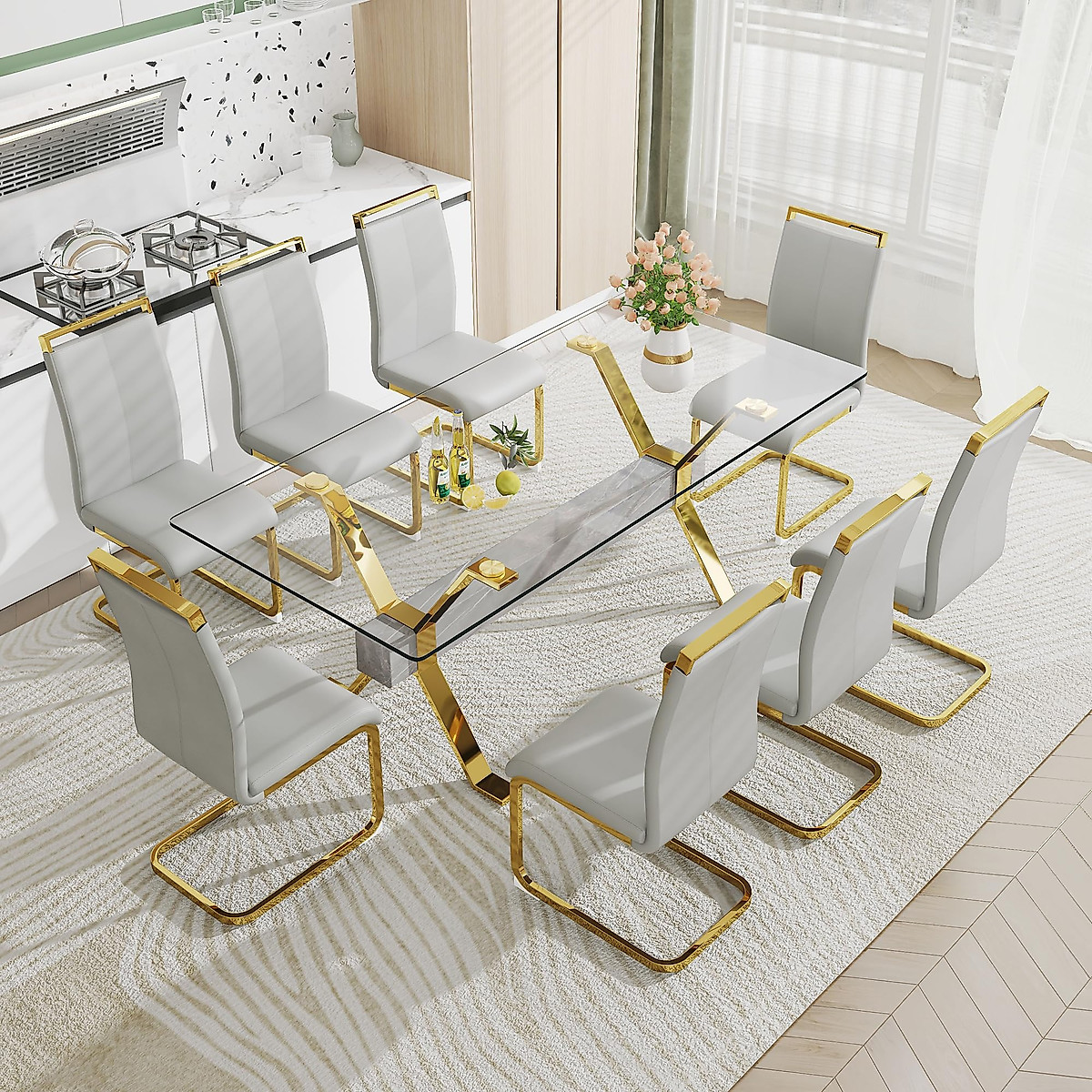 HAIZAO 79 inch Glass Dining Table Set for 8, Tempered Glass Tabletop with Golden Plated Metal Legs & Grey MDF Crossbars, PU Faux Leather Chairs with Golden Metal Legs, for Kitchen, Light Grey