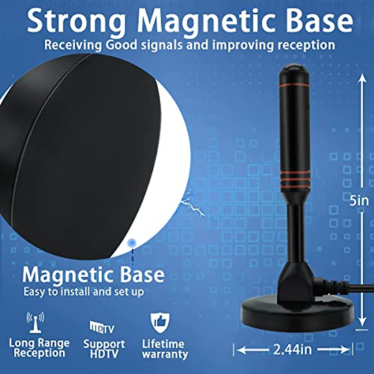 Digital HDTV Antenna - Powerful Magnetic Base - Coaxial Cable/AC Adapter - 60+ Mile Signal Reception Range - Indoor or Outdoor HDTV Antenna Support 4K 8K 1080P All TV's