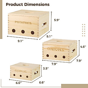 Vegetable Wooden Storage Bins, 3 PCS Potato Onion and Garlic Storage Containers Stackable Vegetable Storage Boxes with Ventilation Holes and Removable Lids for Kitchen Countertop, 6.6", 7.9", 9.1"