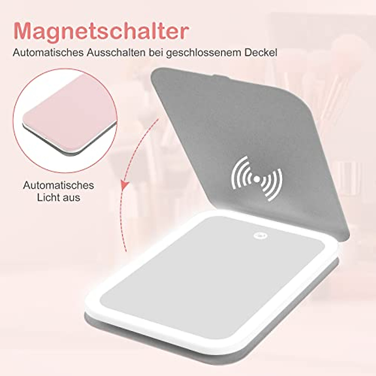 Luminar bowo Vanity Tabletop Mount Mirror with Lights, Travel Makeup Mirror 360° Rotation Touch Screen 3 Colors Light Modes 72 LEDs USB Rechargeable, 1200mA 5.5x8-Inch Desk Compact Mirror Pink