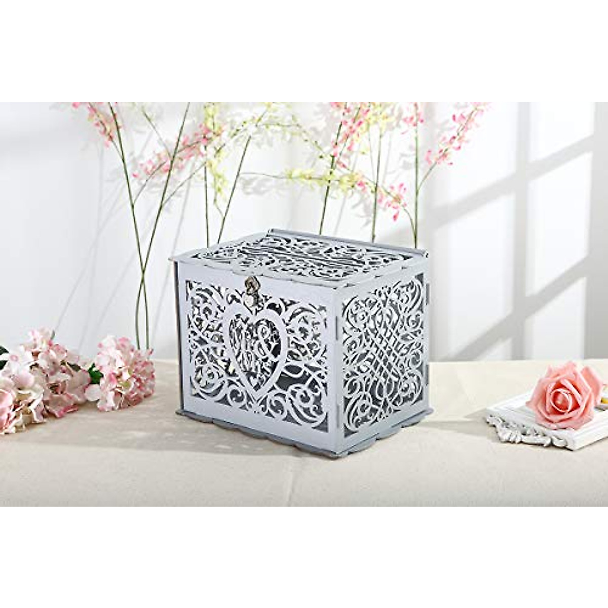 Mimacoo Wedding Money Box Holder with Sign, Large Rustic Wood Wooden DIY Envelop Gift Card Shadow Boxes with Lock Slot for Reception Anniversary (Silver)