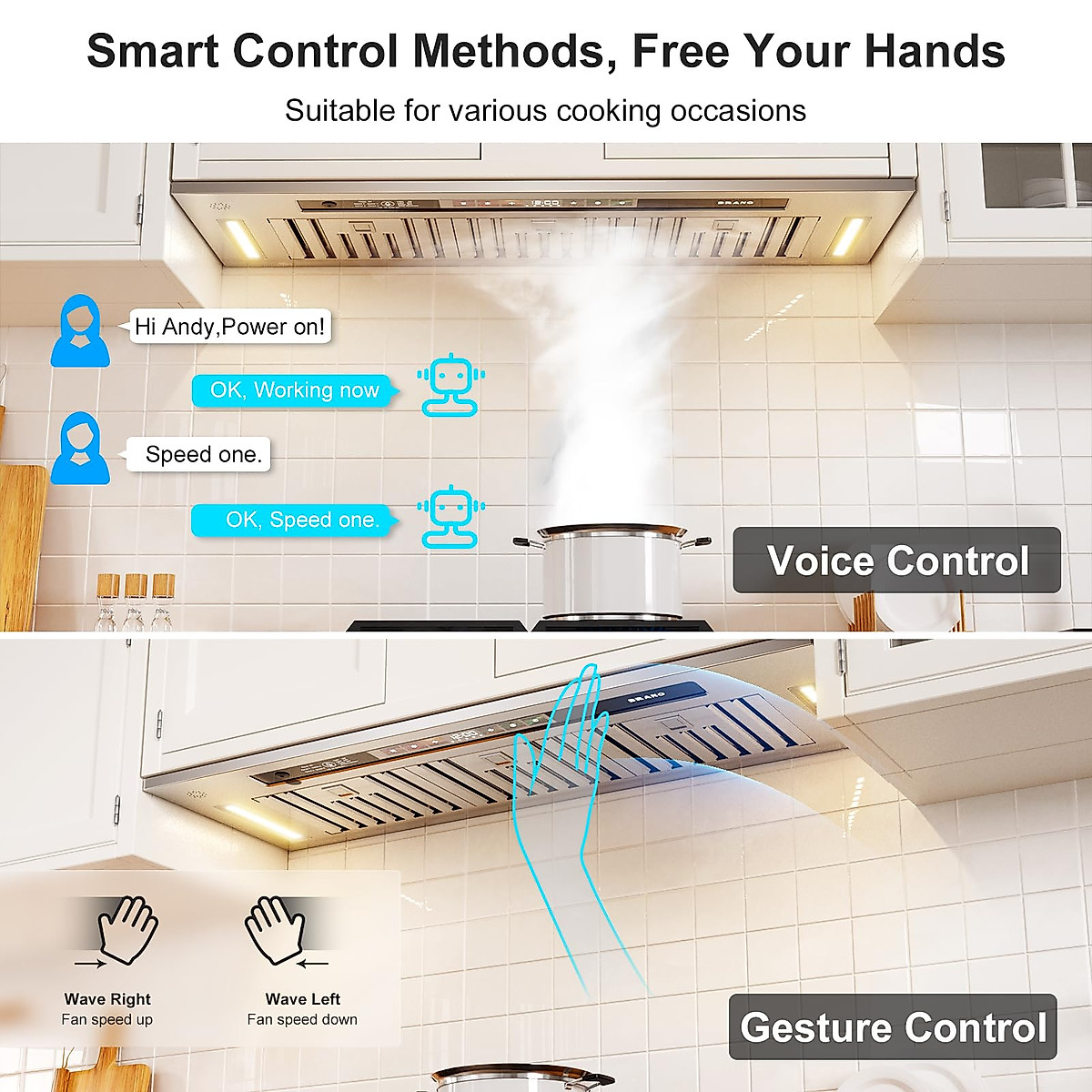 BRANO Range Hood Insert 36 Inch, 900 CFM Smart Voice/Gesture/Touch Control, 4 Speed Exhaust Fan, Stainless Steel Kitchen Hood with Charcoal Filter, Ducted/Ductless Convertible