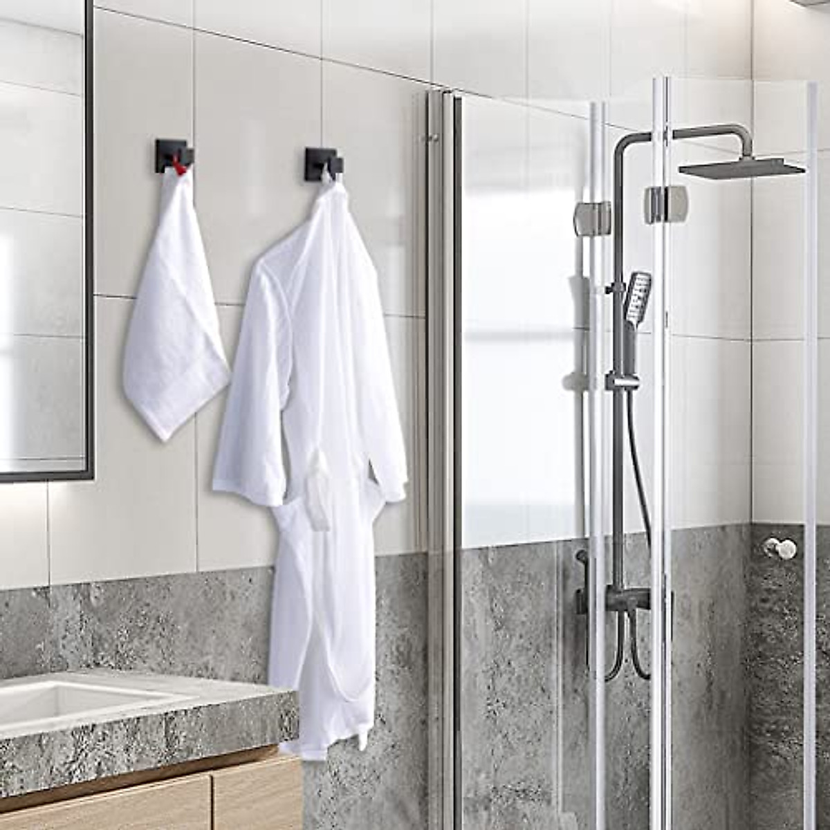 Wieonios Wall Towel Hooks Matte Black Bathroom Bath Towel Hook Stainless Steel, Square Towel Robe Coat Hook Wall Mounted Toilet Kitchen Heavy Duty Door Hanger 4 Pack