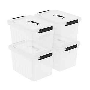 Waikhomes 4 Pack Plastic Storage Boxes, Lidded Storage Bins with Handle, 20L, Clear