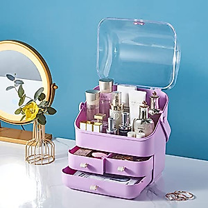 SUNFICON Makeup Organizer Cosmetic Storage Holder Case Purple Beauty Essential Box with Dust Free Cover Portable Handle Fully Open Waterproof Lid Dustproof Drawers Bathroom Countertop Bedroom Dresser