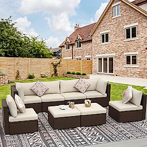 NICESOUL Modern Luxury All-Weather Outdoor Wicker Ottoman Set of 2 Fine Brown PE Rattan Alloy Steel Frame Footrest Wide Deep Seat 2 Pieces Foot Stools with Thicken Cushions for Indoor Outdoor Patio