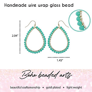 Bohemian Boho Teardrop Dangle Drop Earrings for Women – Delicate - Handcrafted Wire Wrapped Colorful Faceted Glass Beads – Gold Plated – with Gift Box Included (Mint Alabaster Teal)