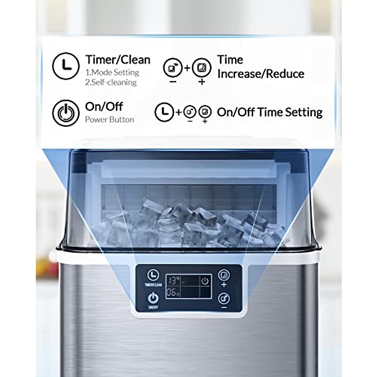 Silonn Countertop Ice Cube Ice Makers, 45lbs Per Day, Auto Self-Cleaning, 24 Pcs Ice Cubes in 13 Min, 2 Ways to Add Water, Compact Ice Machine for Home Office Bar Party,SLIM01B-1