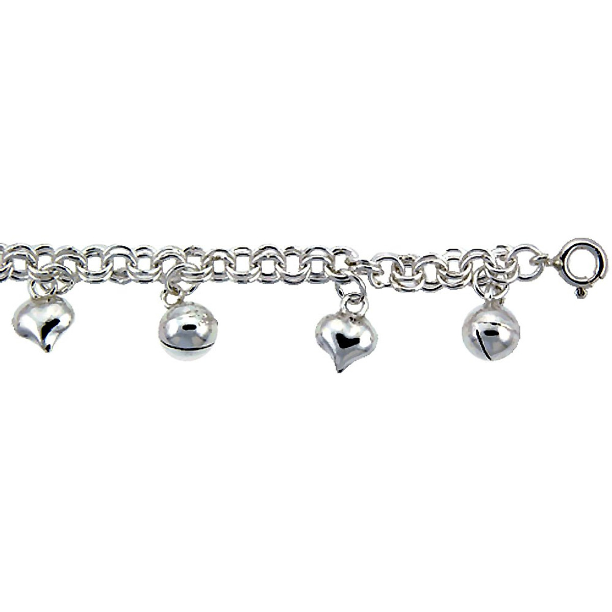 Sterling Silver Dangling Hearts and Jingle Bells Charm Charm Bracelet for Women 13mm drops fits 7-8 inch wrists