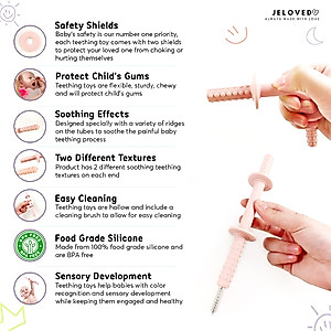 Jeloved Hollow Teether Tubes 4 Pack, Soft Silicone Baby Teething Toys for Baby with Safety Shield, Chew Straws Toy for Babies, Teether Tubes for Infants, BPA Free/Freezable/Dishwasher Safe