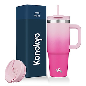 Konokyo 30 oz Tumbler with Handle and 2 Straws,2 in 1 Lid Insulated Water Bottle Stainless Steel Travel Coffee Mug,Cherry Blossoms