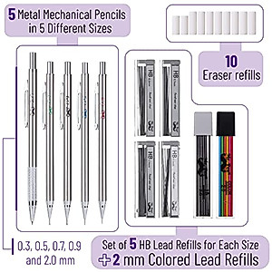 Mr. Pen- Metal Mechanical Pencil Set with Lead and Eraser Refills, 5 Sizes, 0.3, 0.5, 0.7, 0.9, 2mm, Drafting, Sketching, Architecture, Drawing Mechanical Pencils, Metal Mechanical Pencils