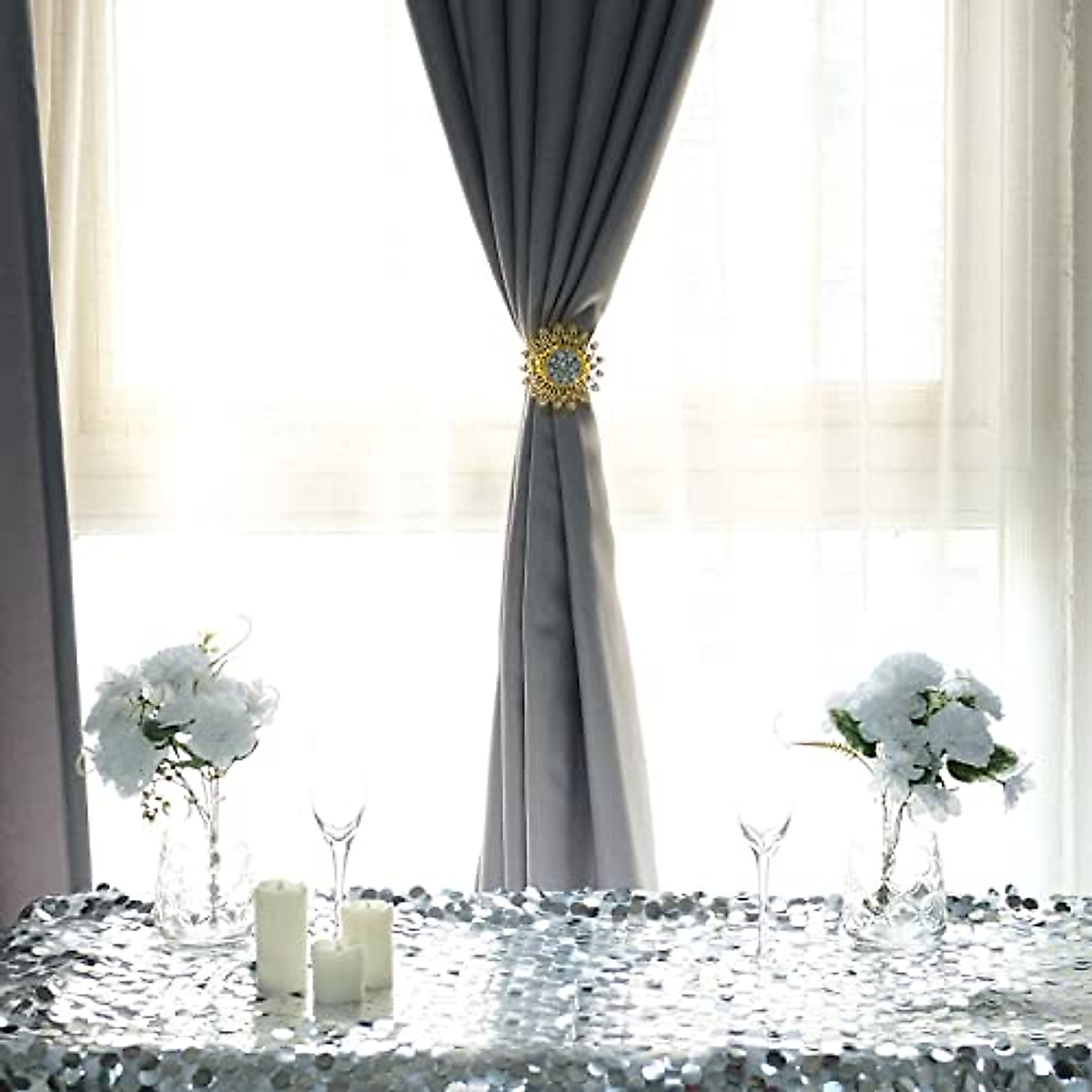 Tableclothsfactory 2 Pack | 4" Gold Crystal Flower Magnetic Backdrop Curtain Tie Backs, Metallic Window Drapery Panel Buckle Clips
