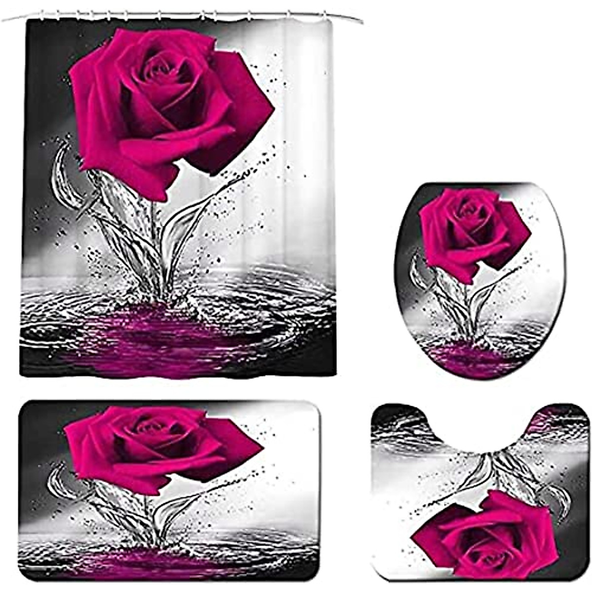 4PCS Fushia Rose Shower Curtains with Rugs Bath Mat Toilet Lid Cover and 12 Hooks Waterproof Rose Flower Bathroom Shower Curtain Set