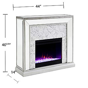 SEI Furniture Trandling Mirrored & Faux Marble Color Changing Electric Fireplace, Antique Silver-White Marble