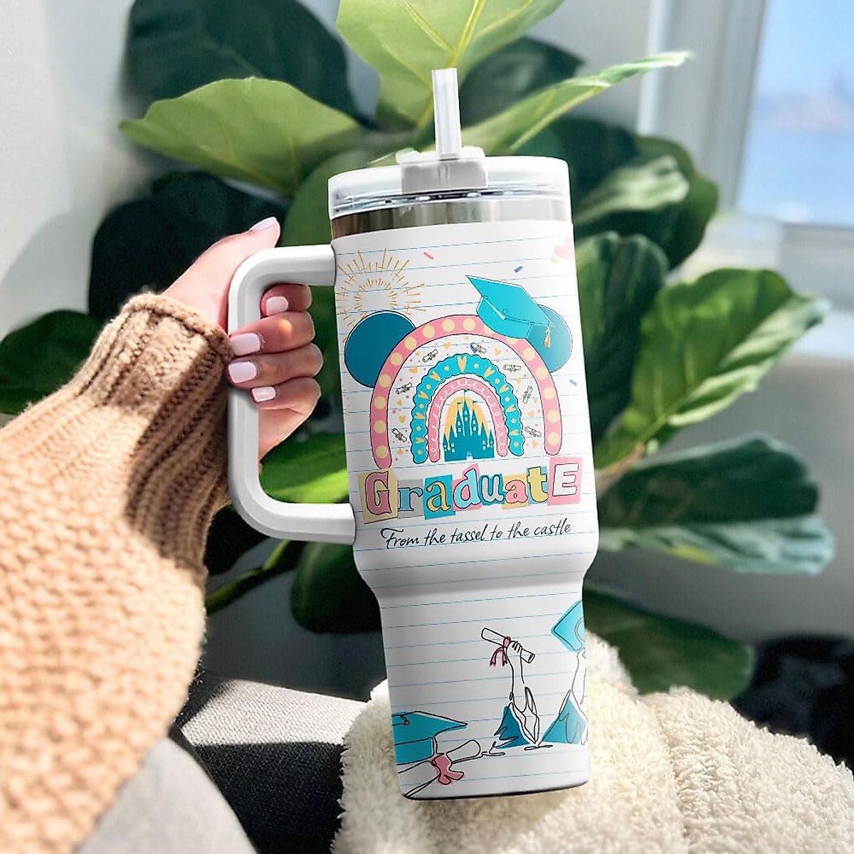 99WHALE Graduation Castle Adventure, Tumbler 40 Oz With Handle Lid And Straw, Graduation Gifts, Tumblers Rainbow Gold Senior White Class Handle Of Purple Royal Teal Blue Heart